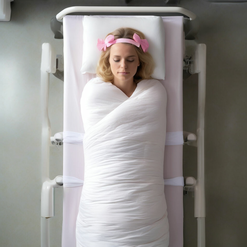 "An adult changing table in a hospital, swaddling a young blonde woman ...
