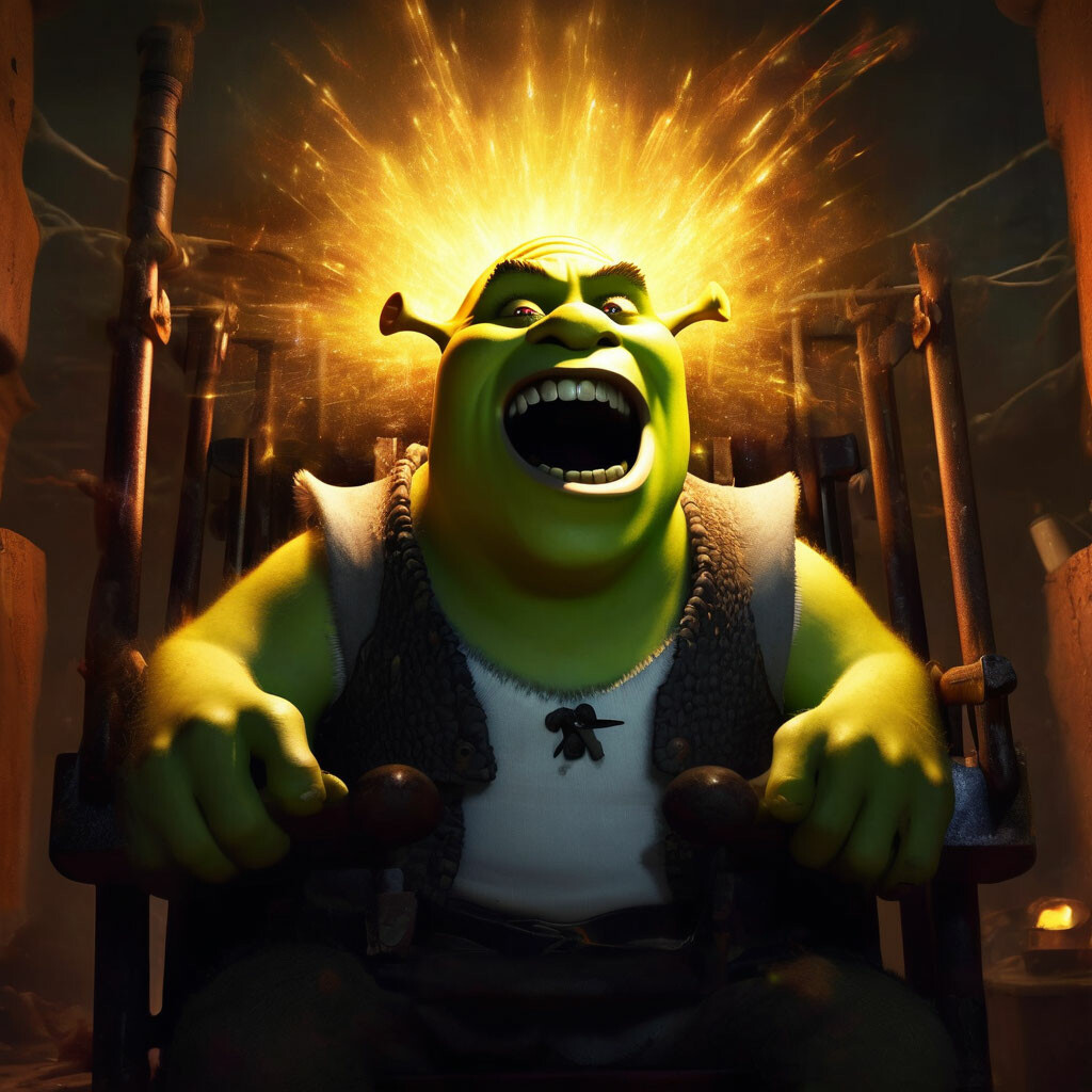 «Шрек сидит привязанный к …» — картинка создана в Шедевруме