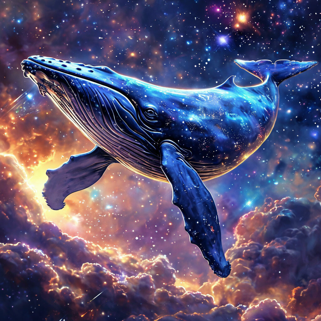 "Beautiful big Whale flies in space among the stars, rainbow glow, 4K ...