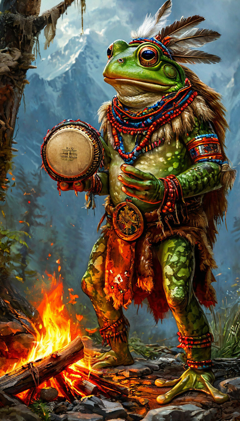 "Anthropomorphic frog Indian shaman, …" — image created in Shedevrum
