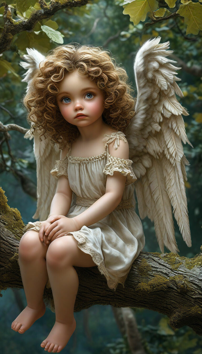 "Photorealism curly-haired angel sits on an oak branch" — image created ...
