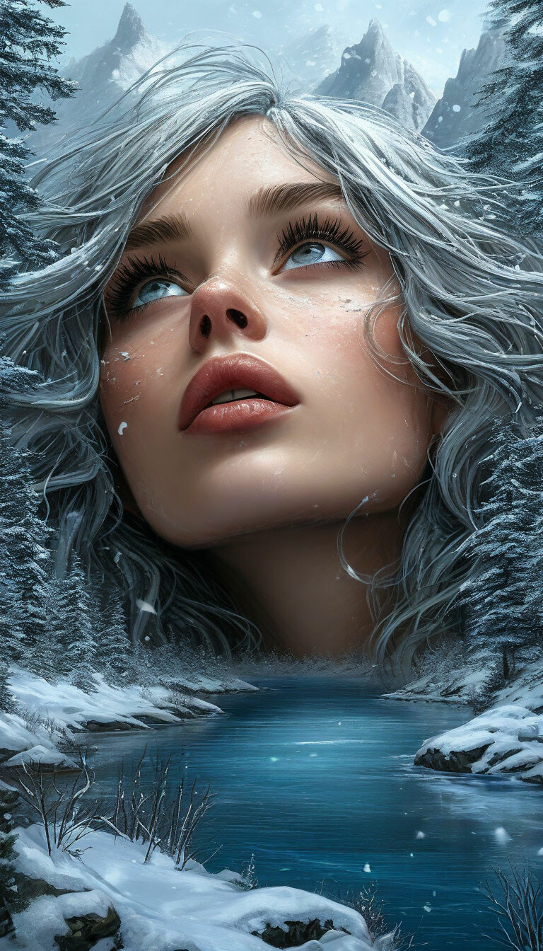 "A beautiful female face looking up …" — image created in Shedevrum