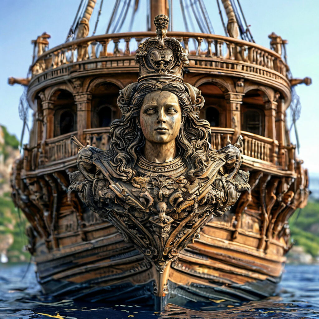 "A pirate ship. There is a marble sculpture of Athena on the bow of the ...