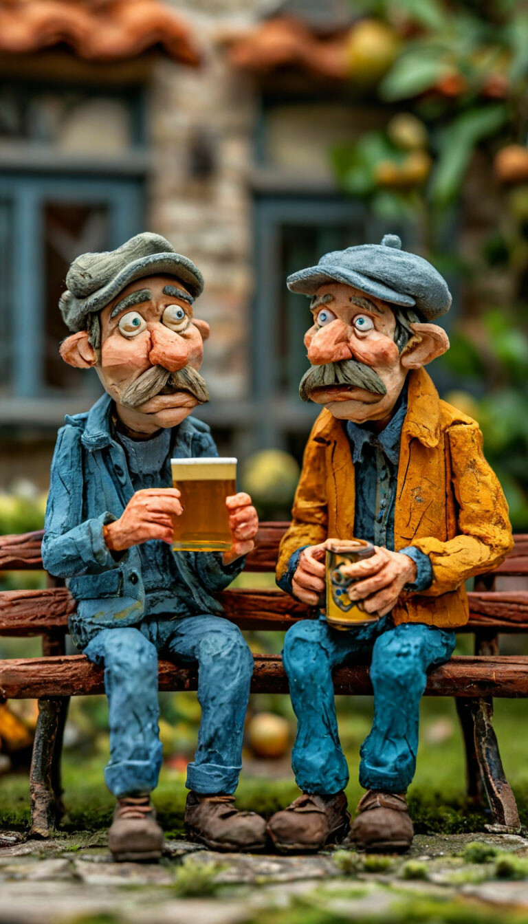 "Animation. funny, humorous. a caricature. two plasticine men are ...