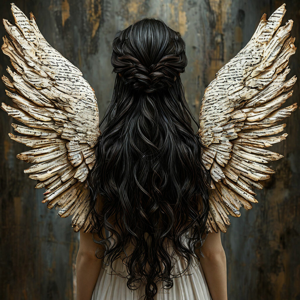 "An angel with long dark hair, arranged in a hairstyle. graceful wings ...