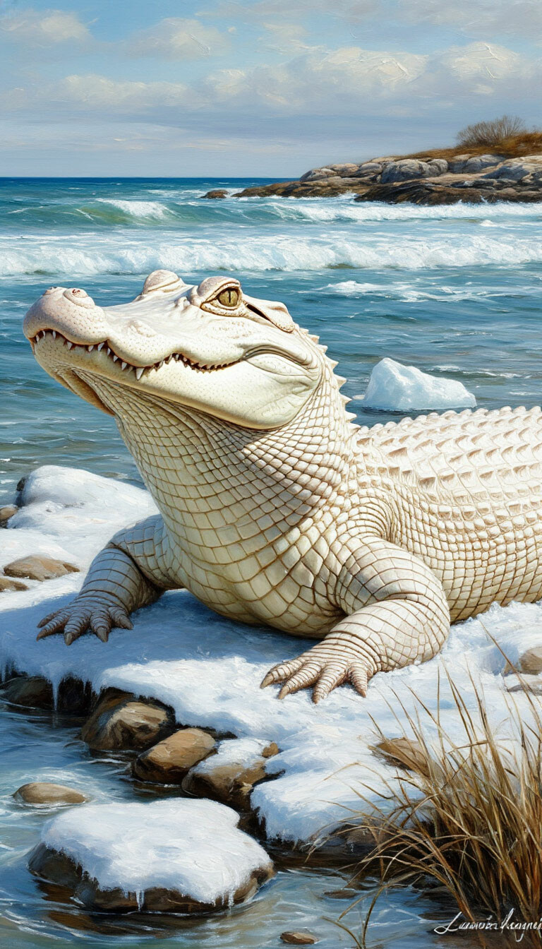 "Gentle fluffiness on the shore of the icy ocean... albino alligator ...