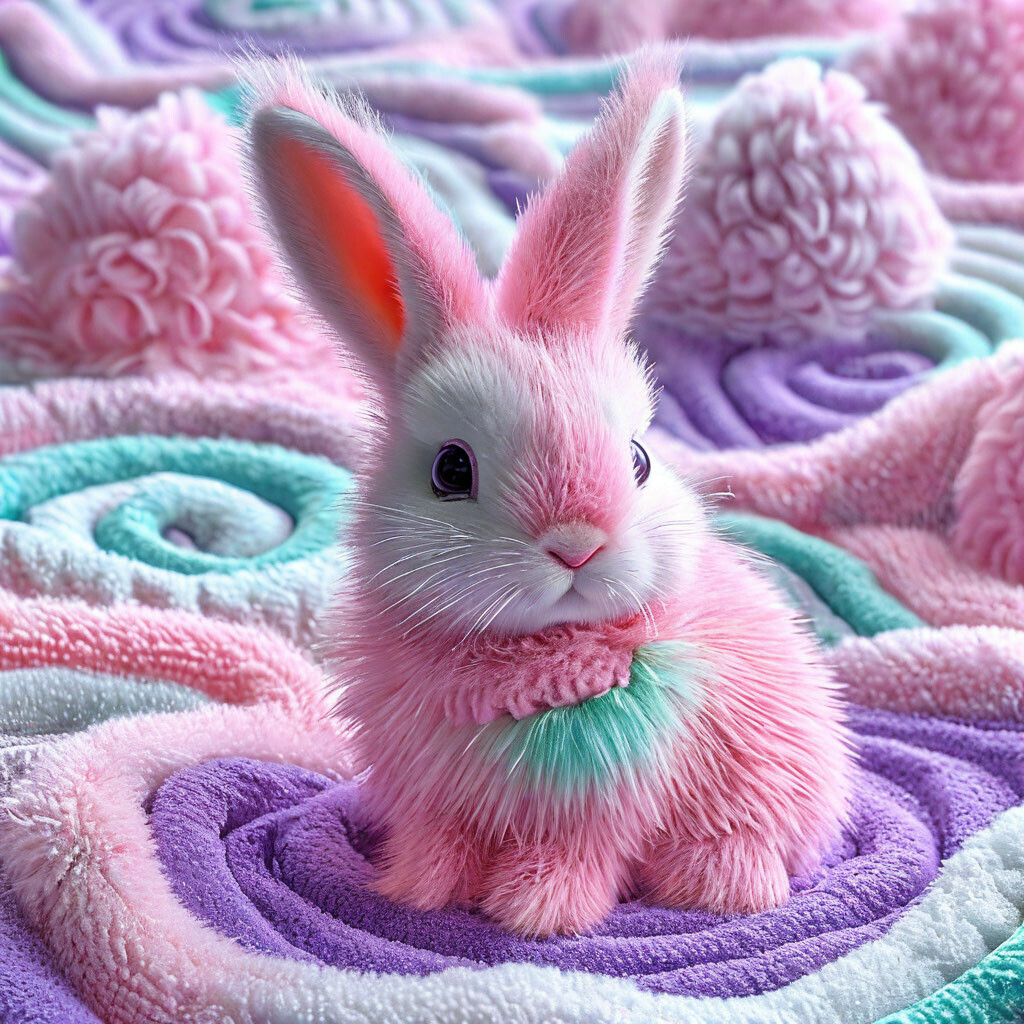 "A rabbit made of pink and mint, furry, fluffy balls on a white spongy ...