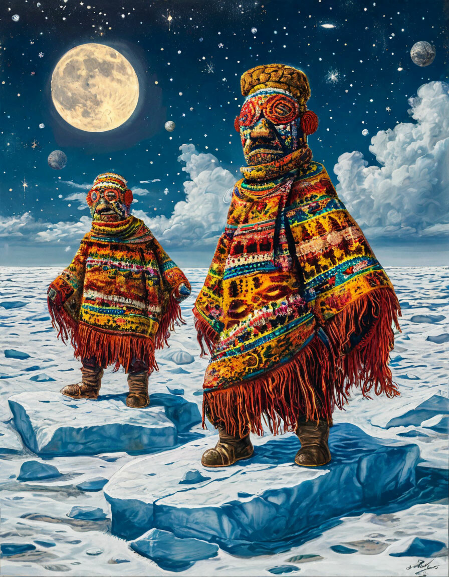 "A little absurdity on a moonlit afternoon Moai freeze on an ice floe ...