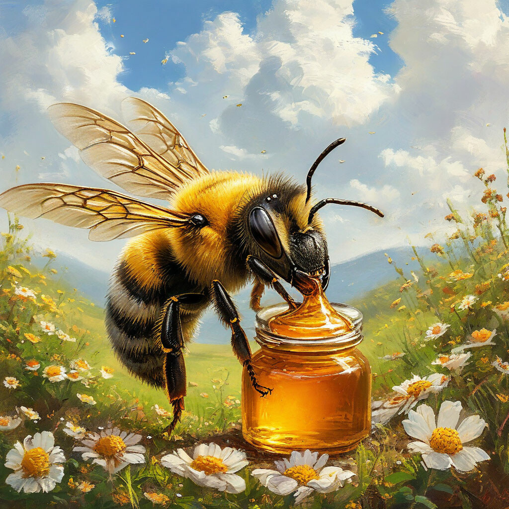 ≧⁠ ⁠≦⁠) A bee in its paws carries a jar of honey on a white background ...