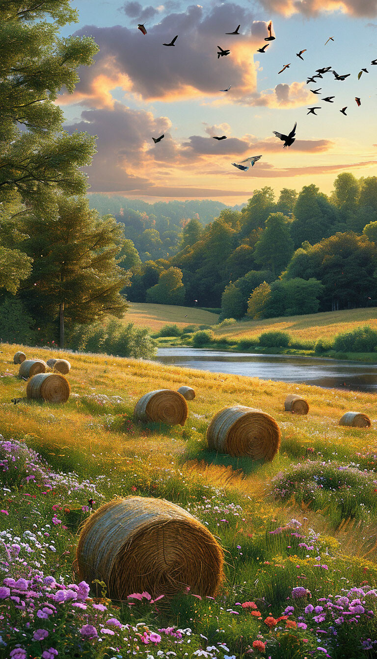 ". beautiful landscape, field, haystacks in the field, flowers, grass ...