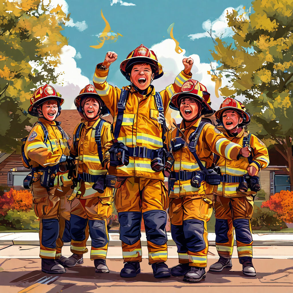 "Stylized vector image: young firefighters joyfully celebrating ...