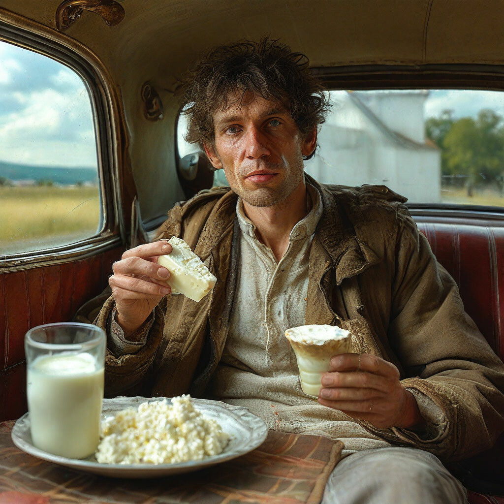 "A thin man eating cottage cheese and …" — image created in Shedevrum