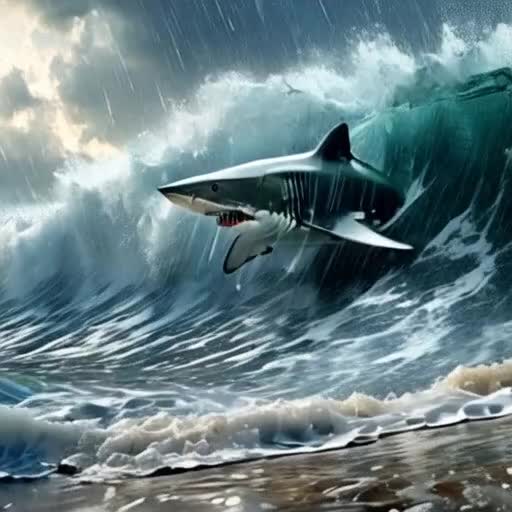 «Tsunami is a giant sea wave with a huge shark, heavy rain, drops, jets ...