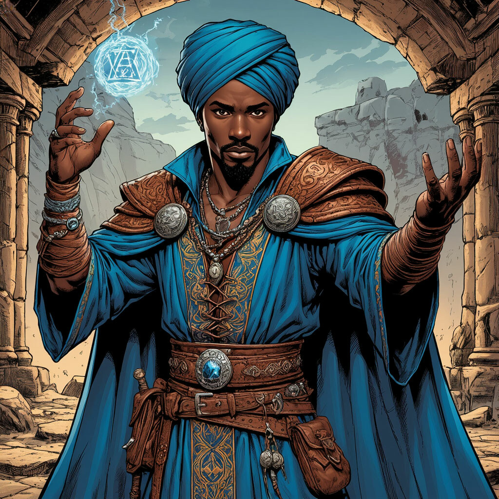 "Wizard, young black man, goatee, turban, indigo robe with patterns ...