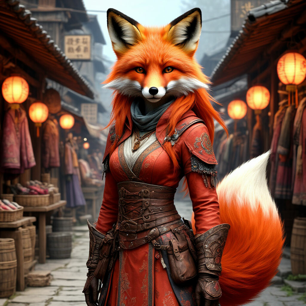 "Humanoid fox girl clothes seller" — image created in Shedevrum
