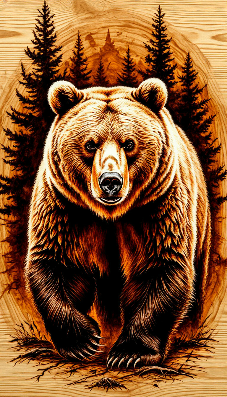 "The art of burning on wood. Scorched bear" — image created in Shedevrum
