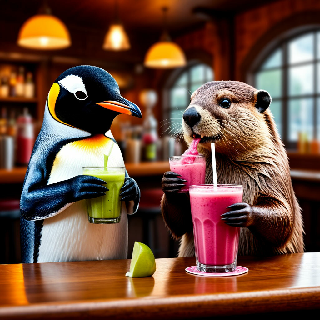 "A penguin and a beaver are sitting at a bar drinking smoothies ...