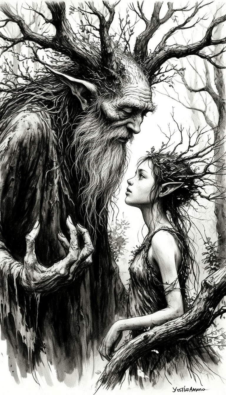 "Charcoal drawing Daniel Egneus Yoshitaka Amano an old forest spirit ...