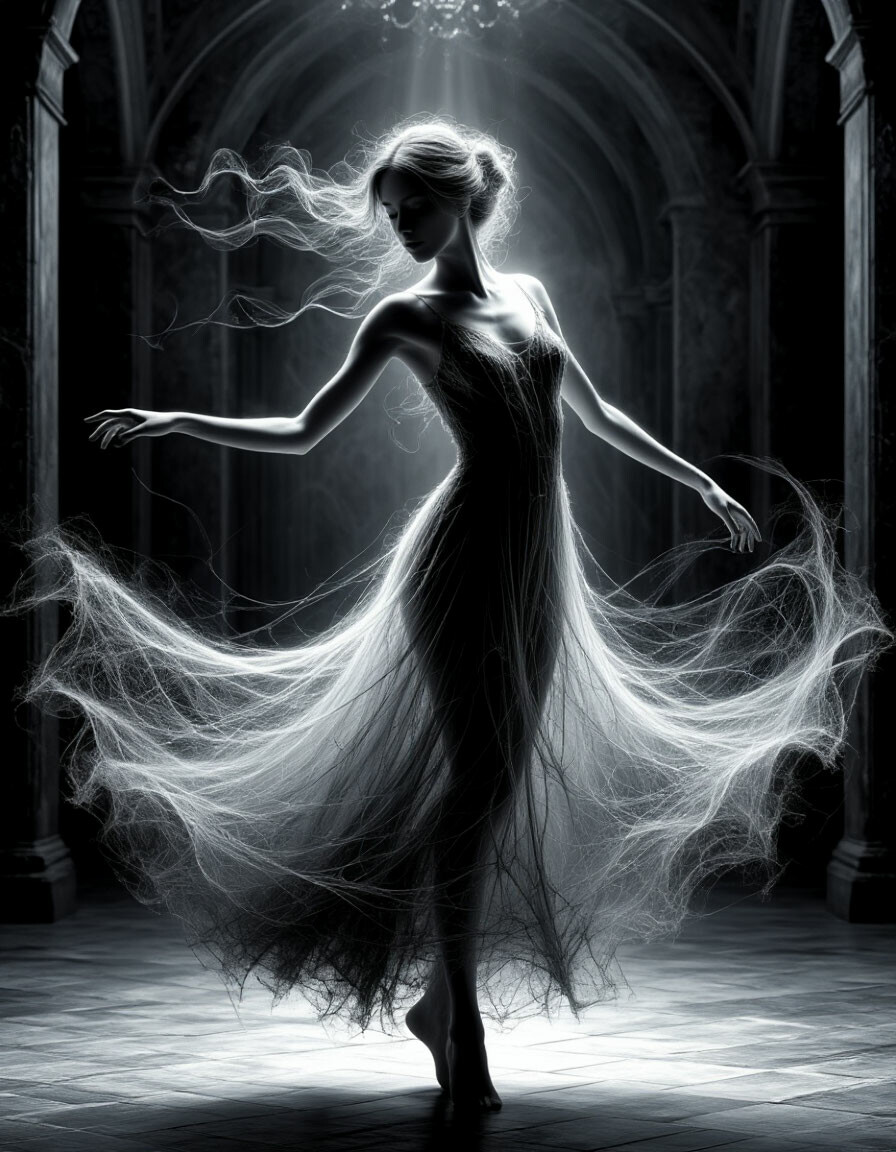 "Drawing, in a cold dark hall, cobweb dress dancing smoky ghost of a ...