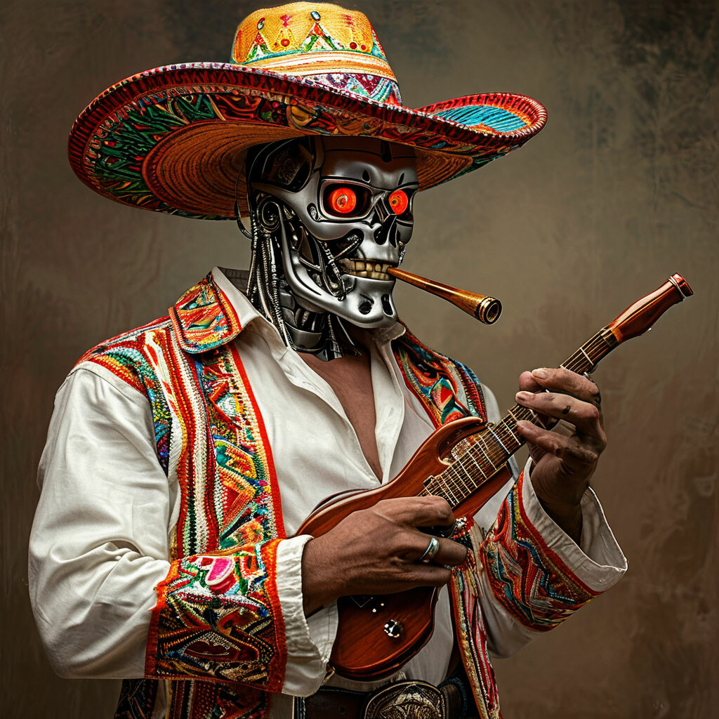 "The Terminator plays a pipe in a Mexican hat and shirt" — image ...