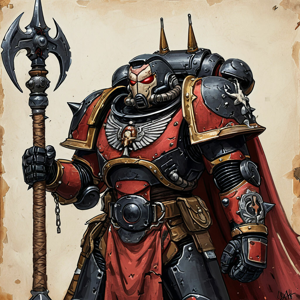 "Scarlet and black Space marinepriest, spiked rivets, mace-wand over ...