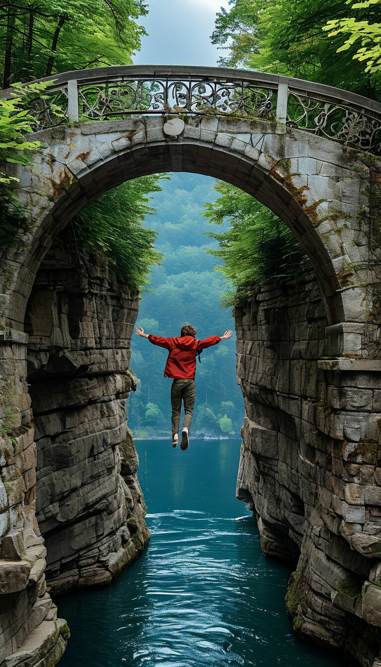 "Crazy jump into the abyss from the bridge portrait close-up unusual ...