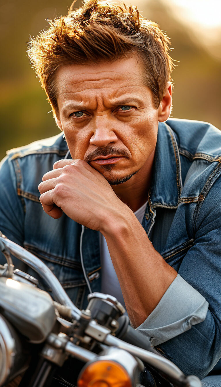 ". a close-up fragment Jeremy Renner Jeremy Renner in Jeans white T ...