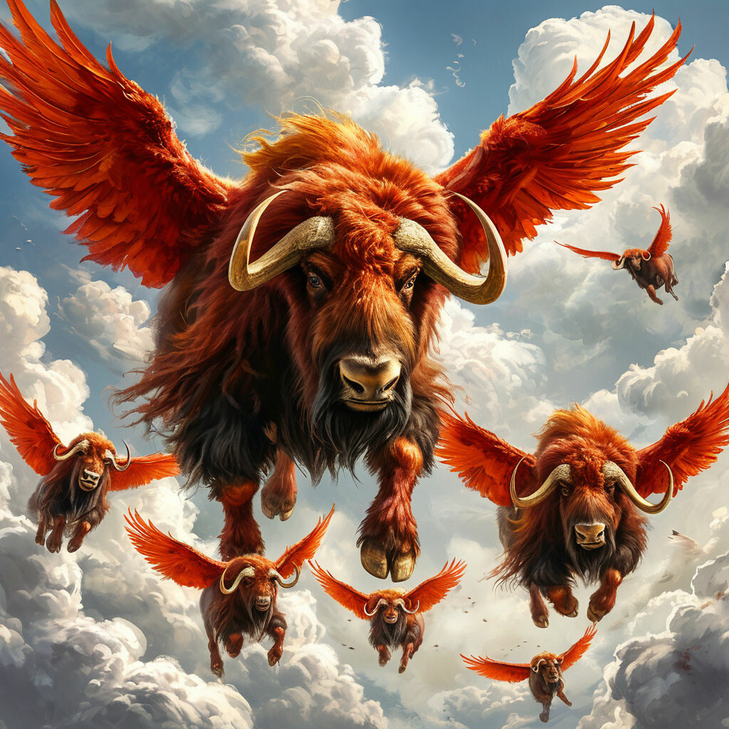 "A herd of huge musk oxen with very long and fluffy red fur covering ...