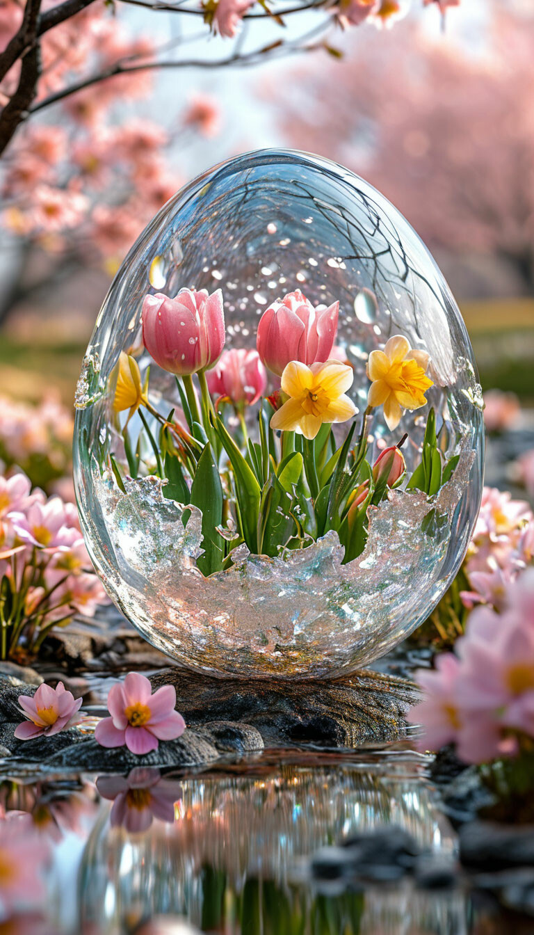 "A captivating, hyper-realistic image of a broken Murano glass eggshell ...
