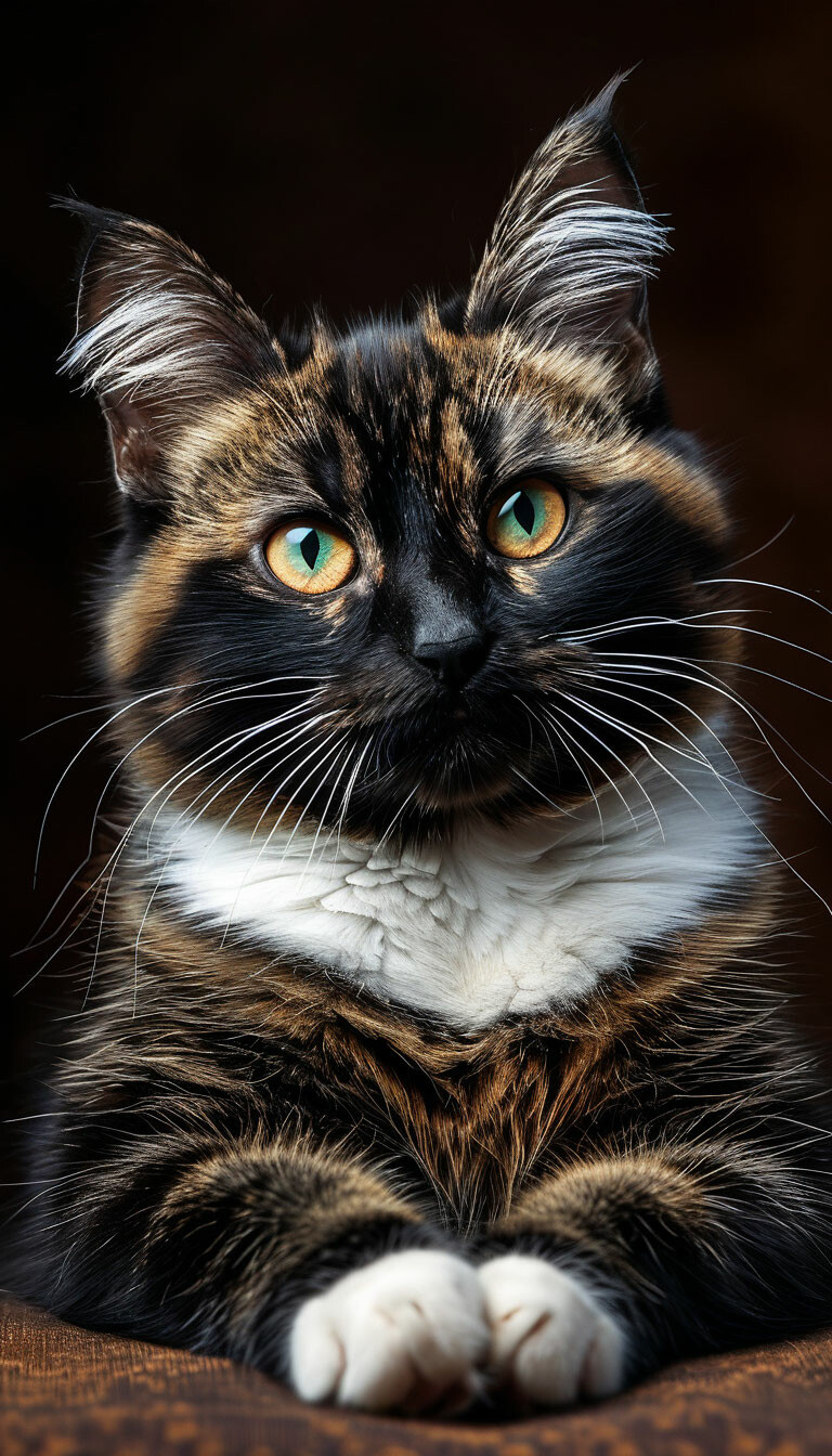 "The cat is tortoiseshell in color , black face, black head, white g.u ...