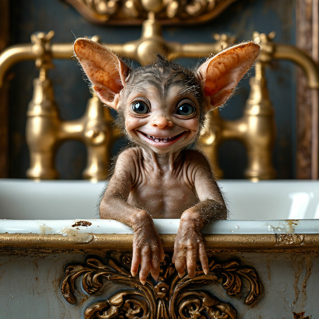 "A dirty little cute smiling imp with small ears is sitting on a snow ...
