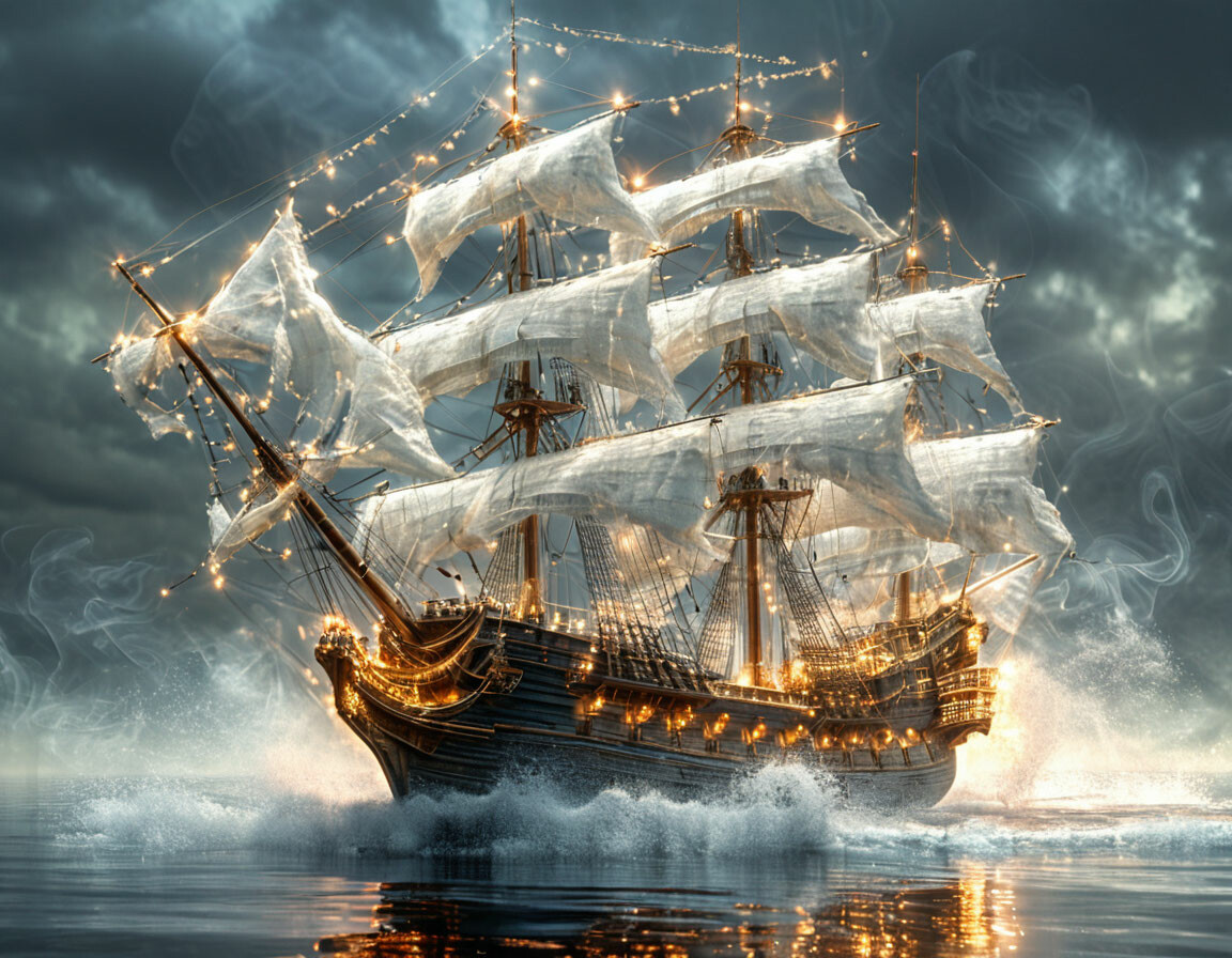 "Double exposure. fractal ghostly transparent flying dutchman from neon ...