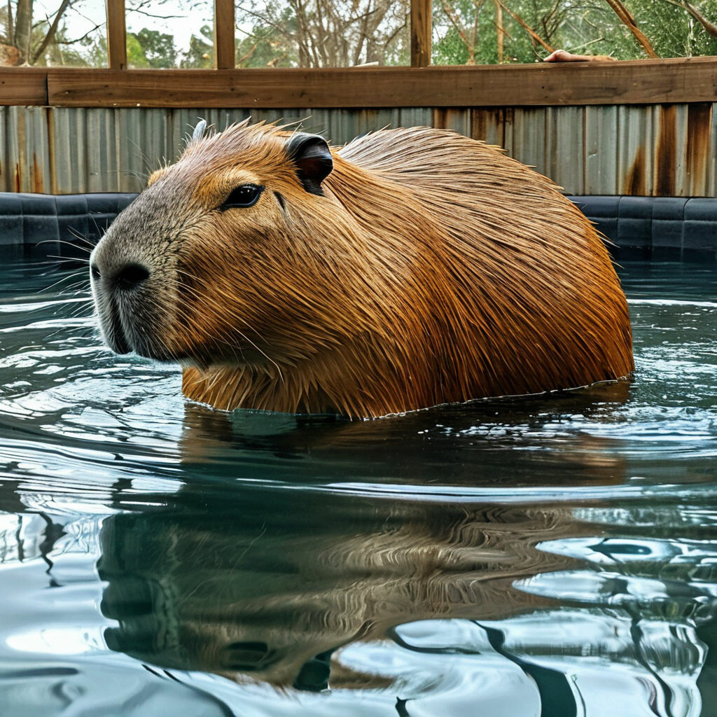 "Capybara in the pool" — image created in Shedevrum