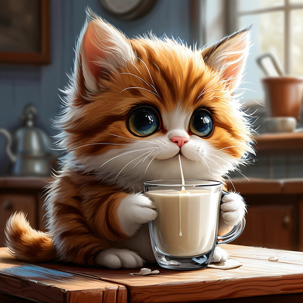 "A small cartoon fluffy cat that drinks milk" — image created in Shedevrum