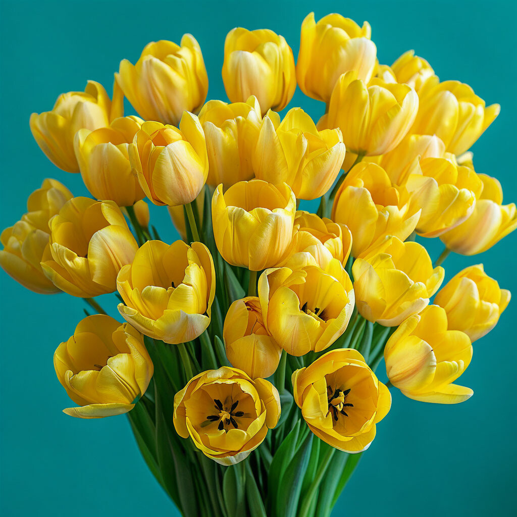 "Large bouquet of yellow tulips on turquoise background, 8k" — image ...