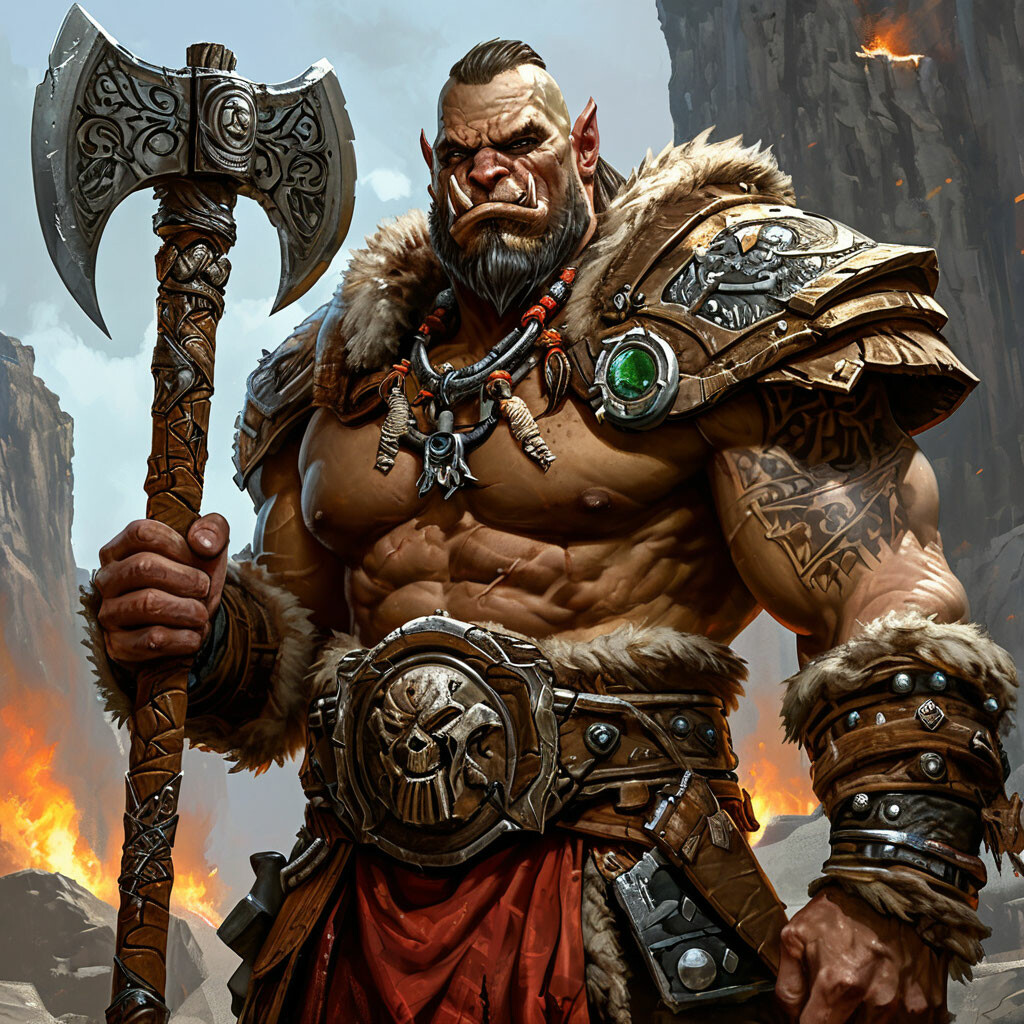 "With a huge two-handed axe held in one hand at shoulder level by a ...