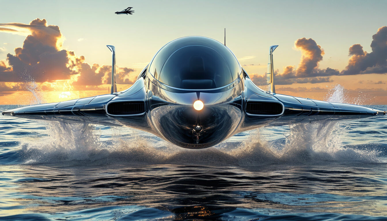 "A futuristic aircraft in the form of a mirrored wide technically ...