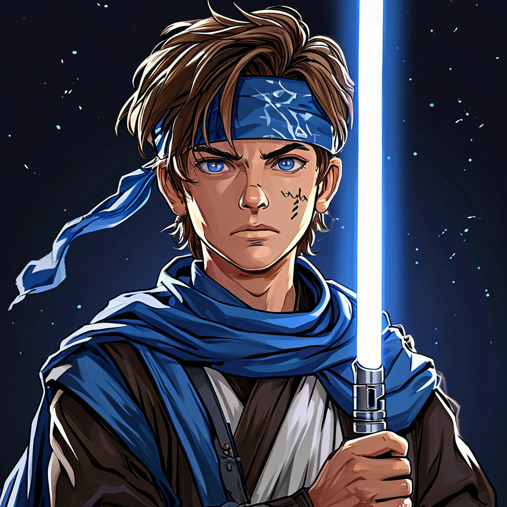 "🗡️ Anime style. A fifteen-year-old Jedi guy with brown hair, cropped ...