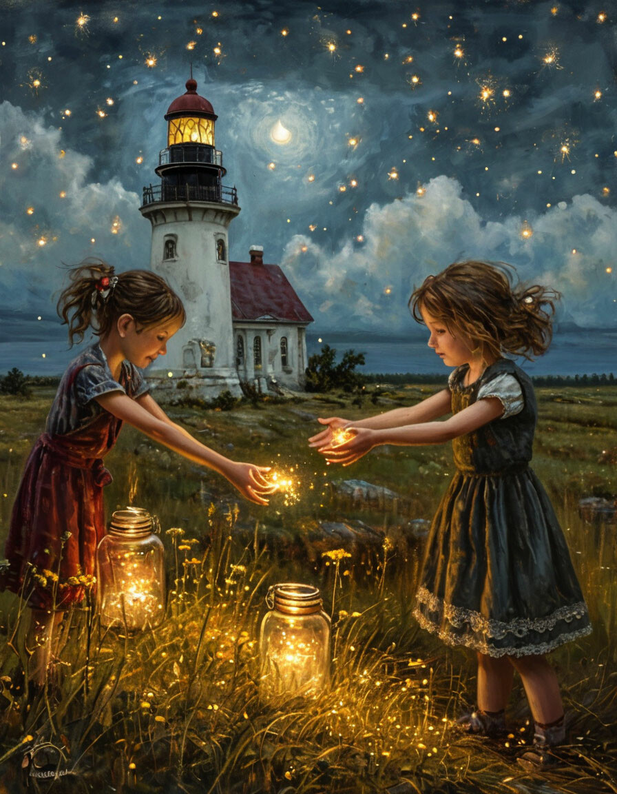 "Girls catch and collect fireflies in glass jars in a field against the ...