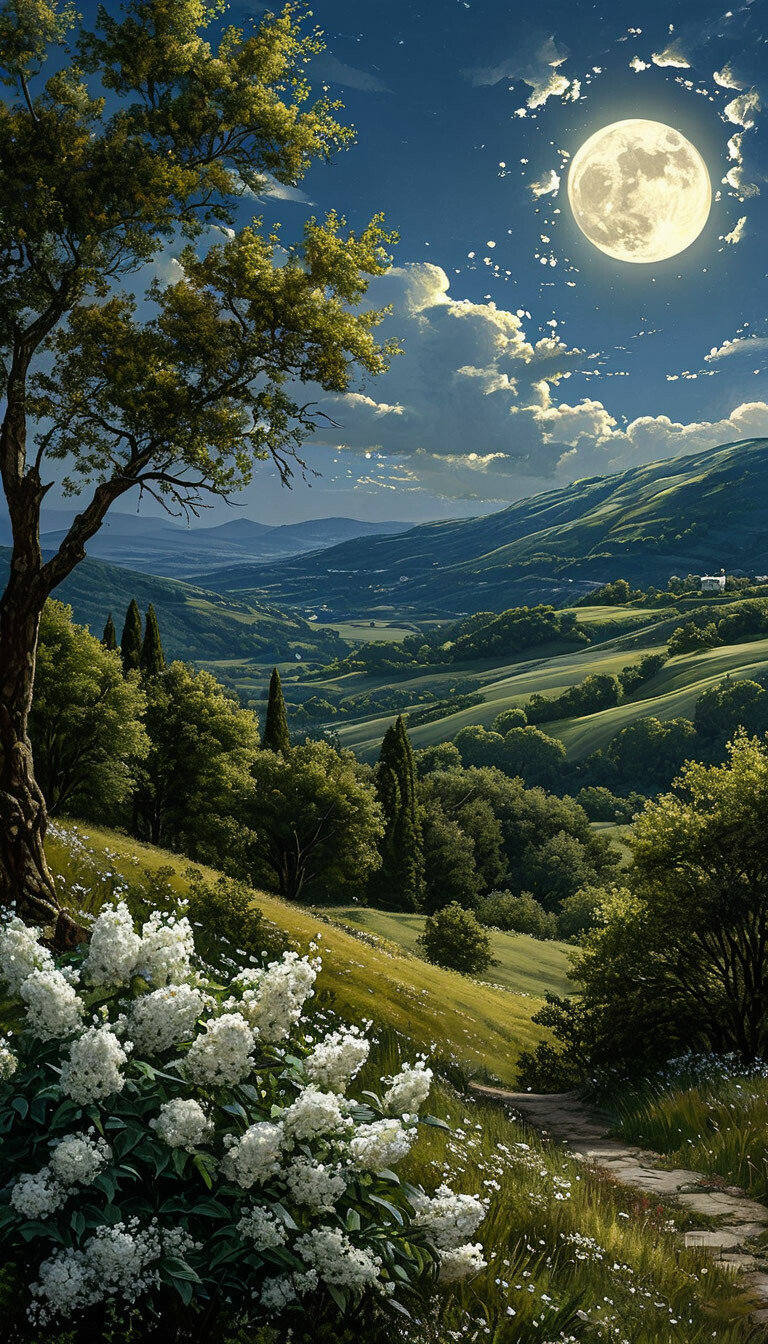 "Chiaroscuro, dark night, moon, halo, clouds, blooming bushes of white ...