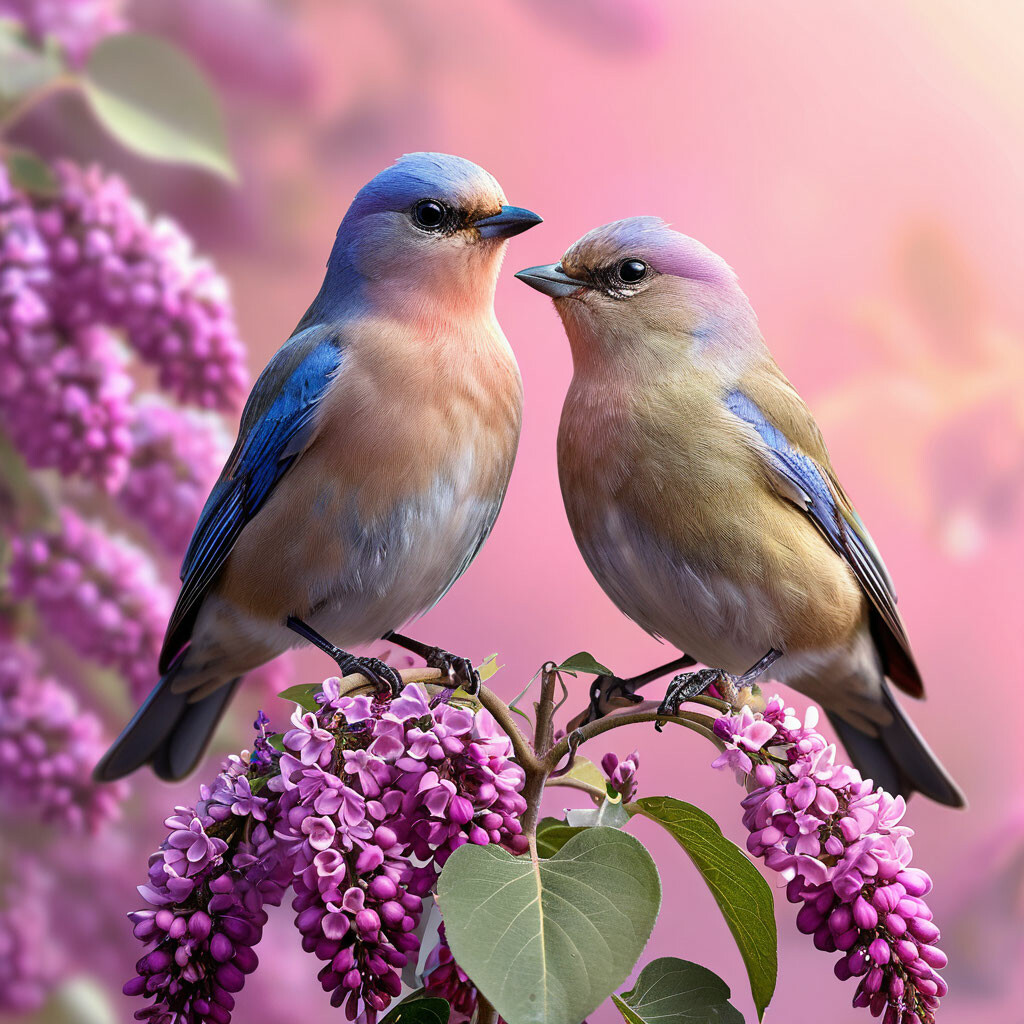 "Two delicate birds are sitting on a lilac twig, chirping about ...