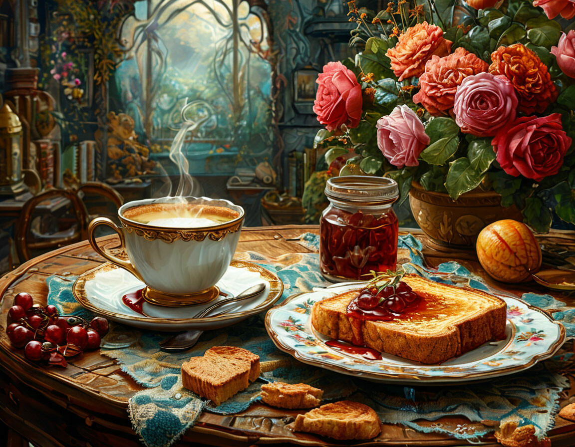 "Cup of coffee and toast with jam,writer's breakfast,on the table ...