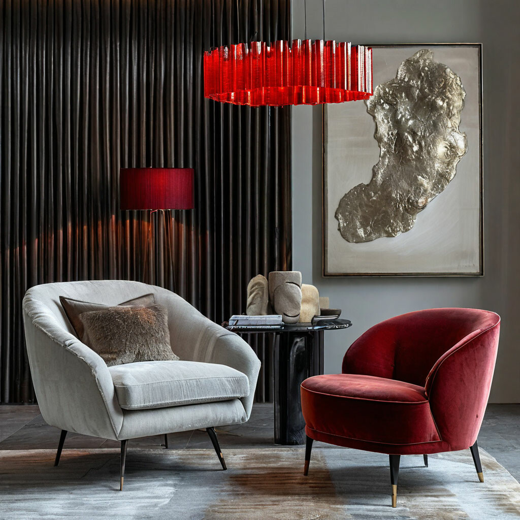 "Red glass decor lamp in the interior, striped stone in the living room ...
