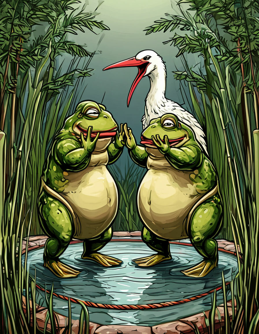 "Two very funny fat green sumo frogs are fighting in the doha ring ...