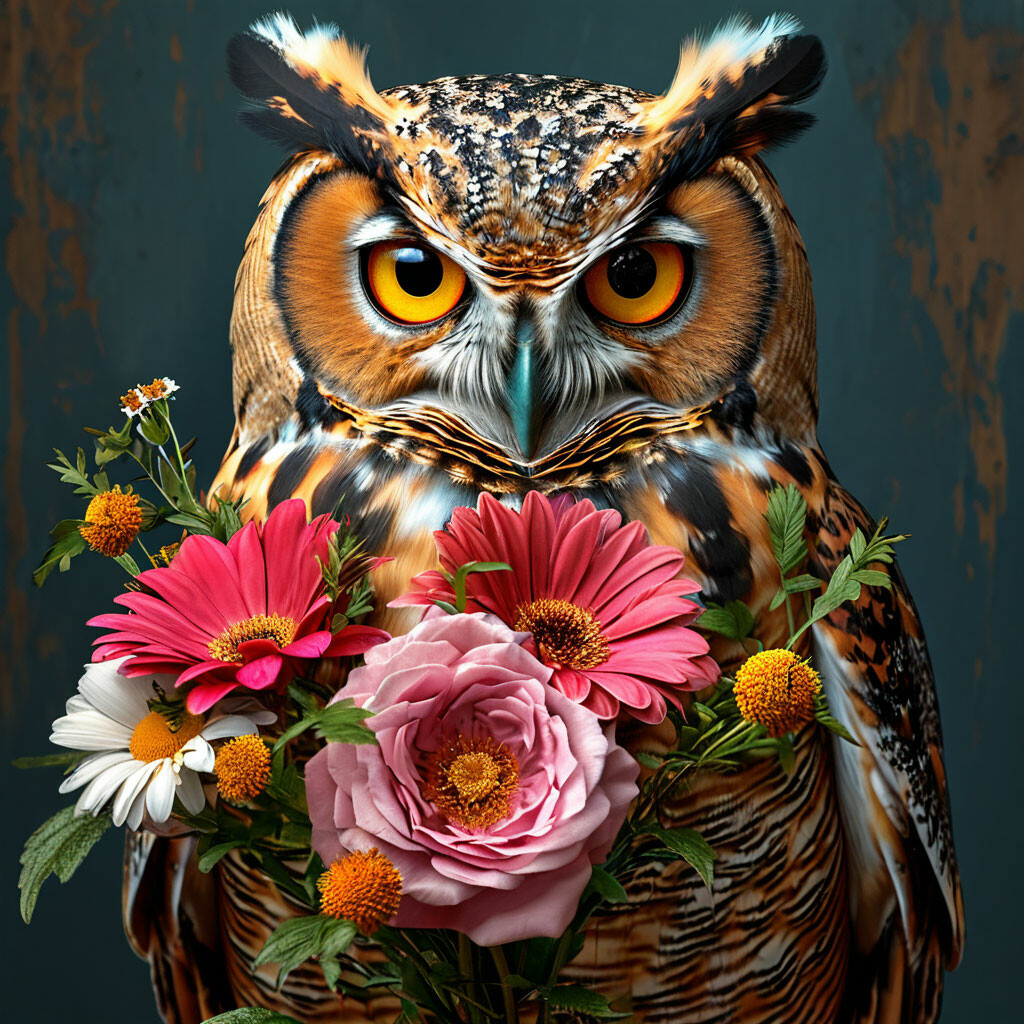 "The owl holds a beautiful bouquet in his hands signature in letters ...