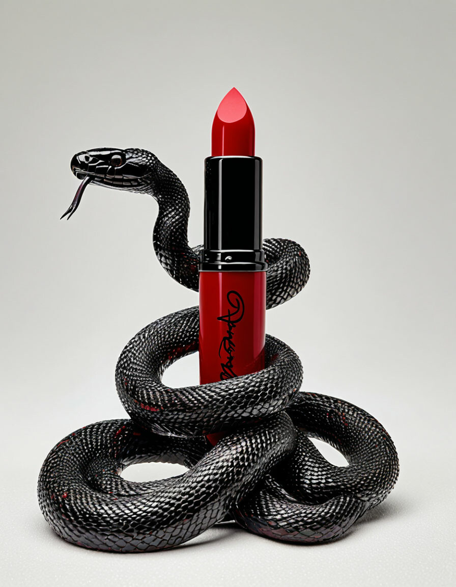 "A luxurious red lipstick in close-up, in an upright position, with a ...