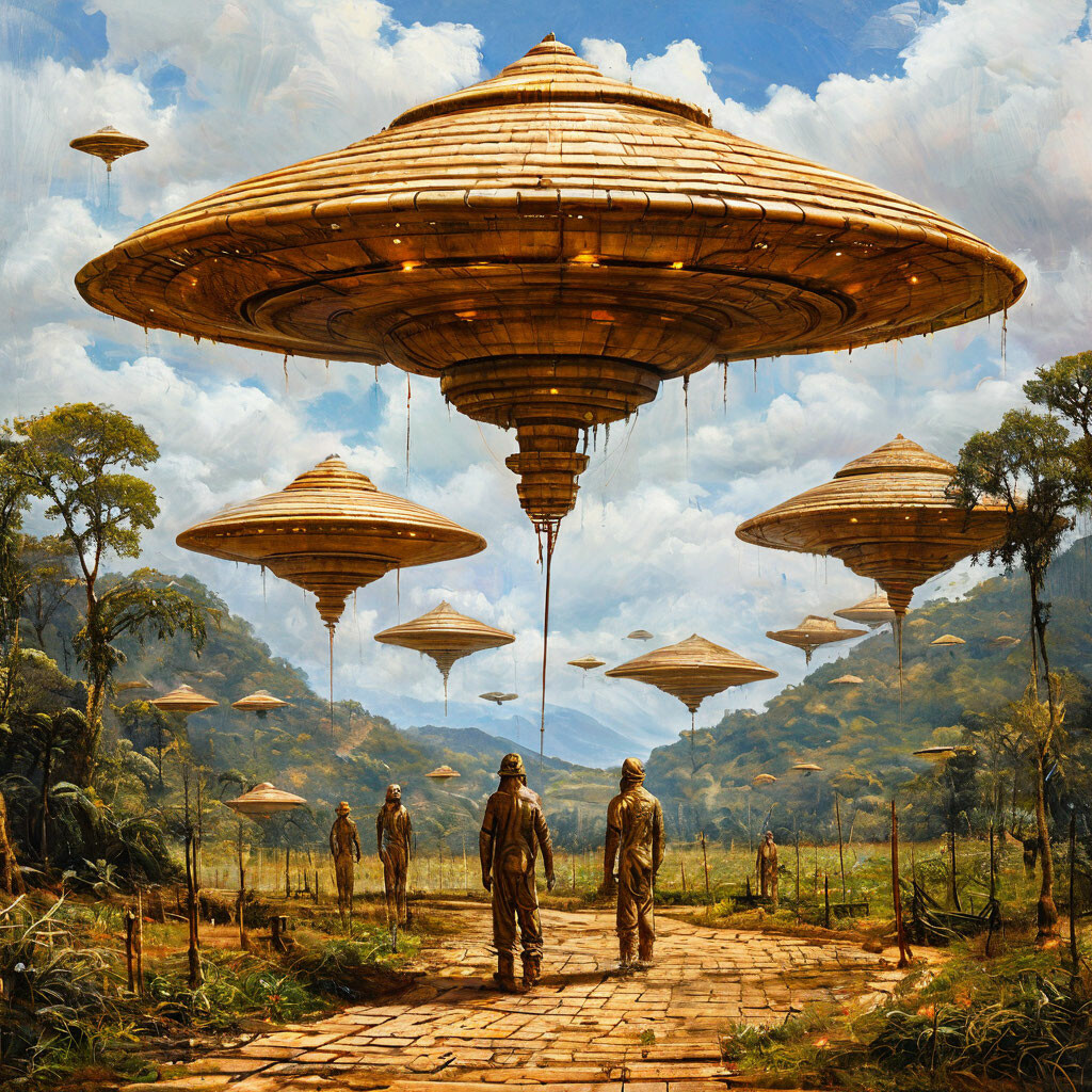 "Aliens make flying saucers out of bamboo" — image created in Shedevrum