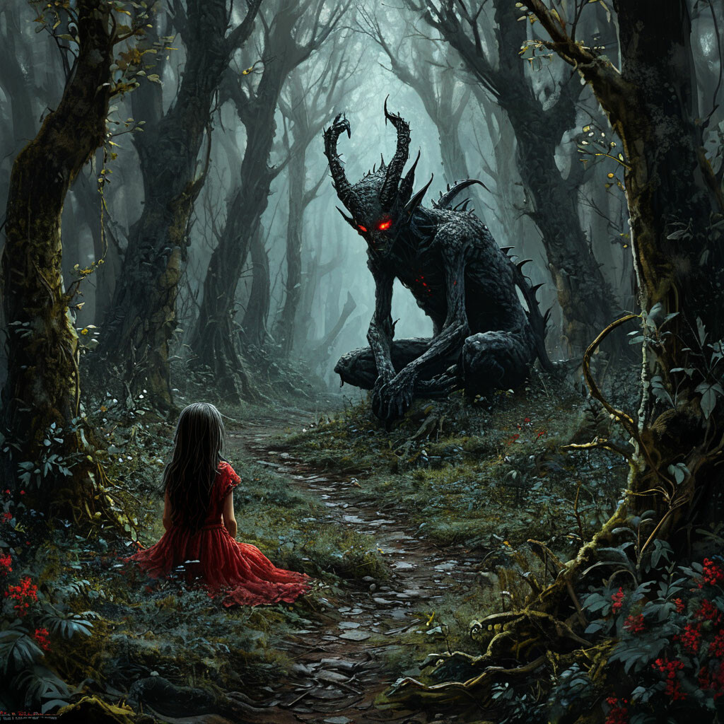 a dark gloomy forest. There's a little demon sitting in the bushes ...