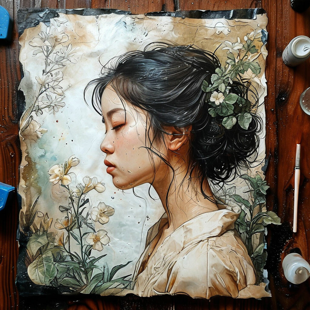 "Drawing on rice paper ,soaking with water" — image created in Shedevrum