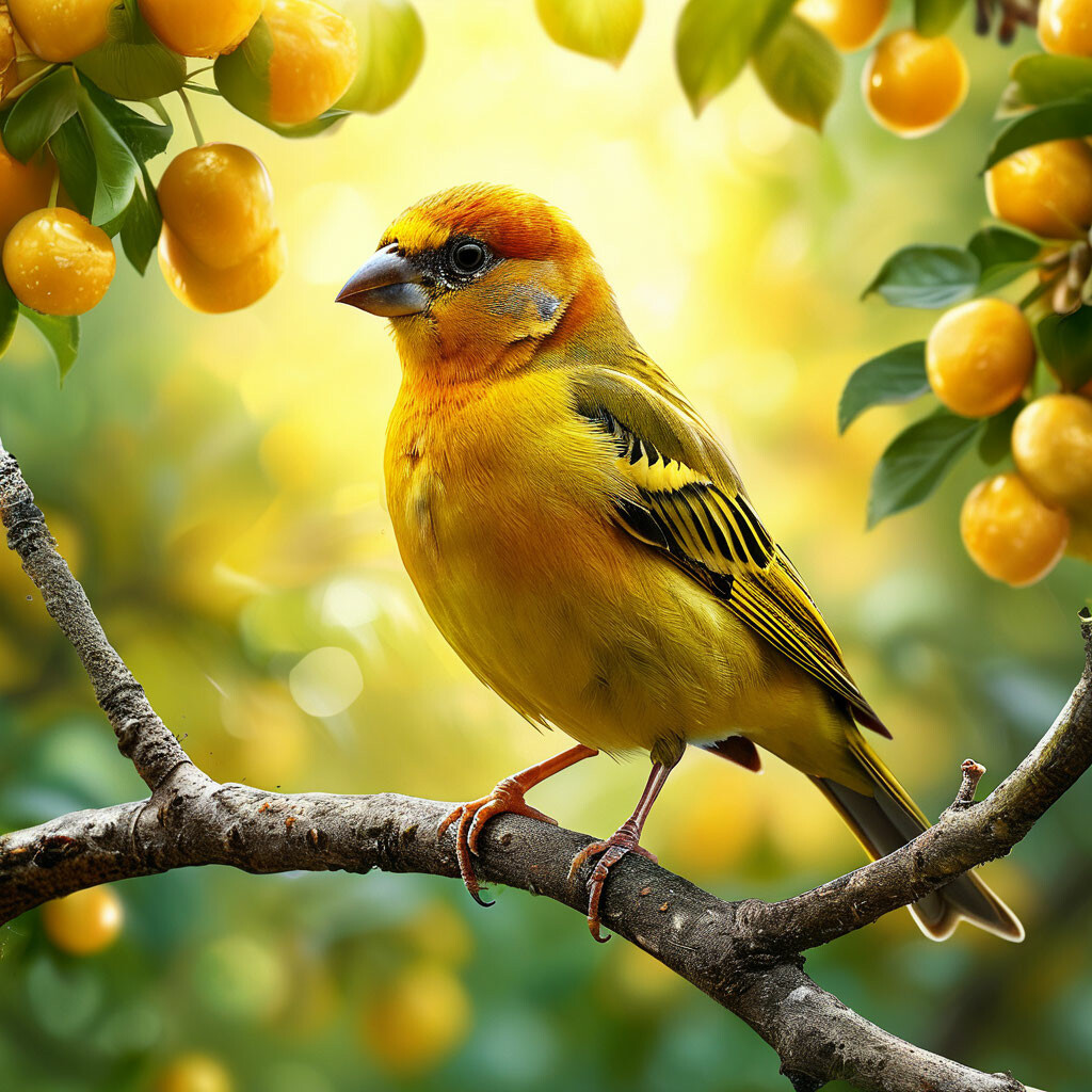 "A beautiful canary bird sits on a twig, the background is bright and ...